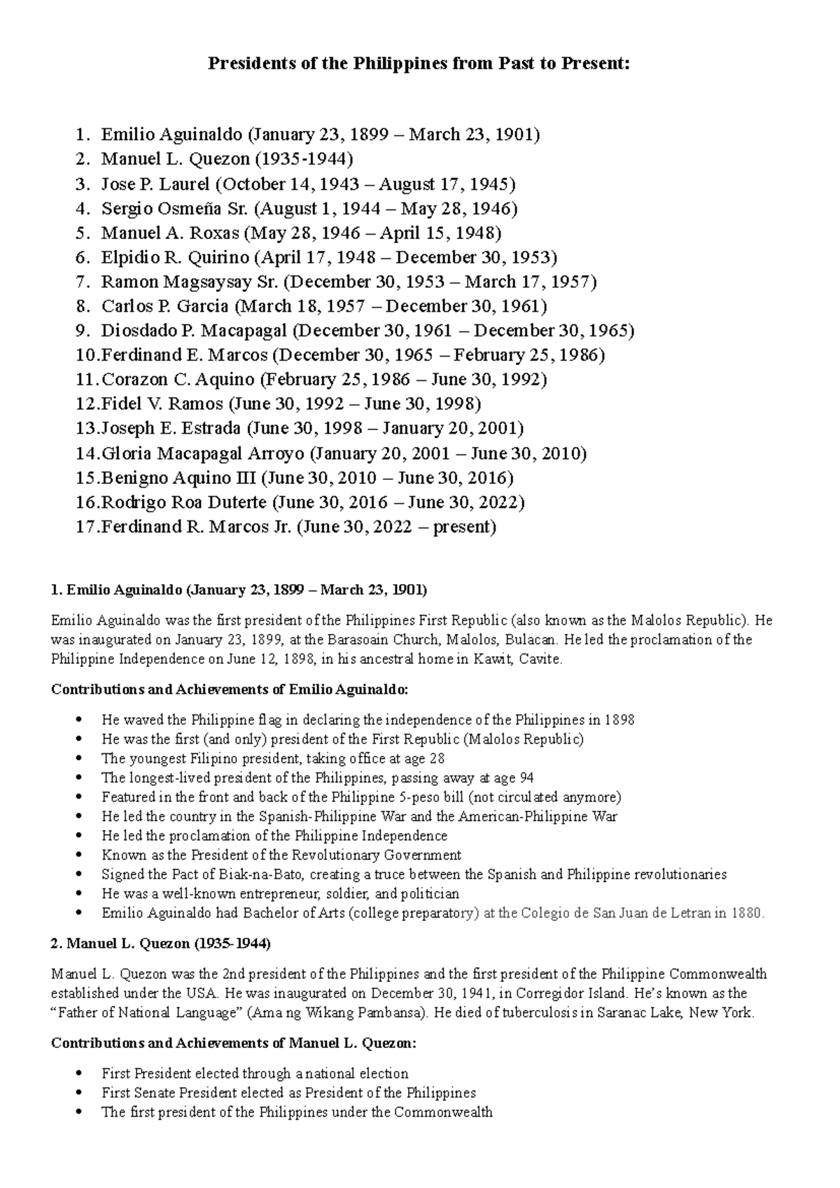 Philippine Presidents: Timeline and Achievements from 1899 to Present ...
