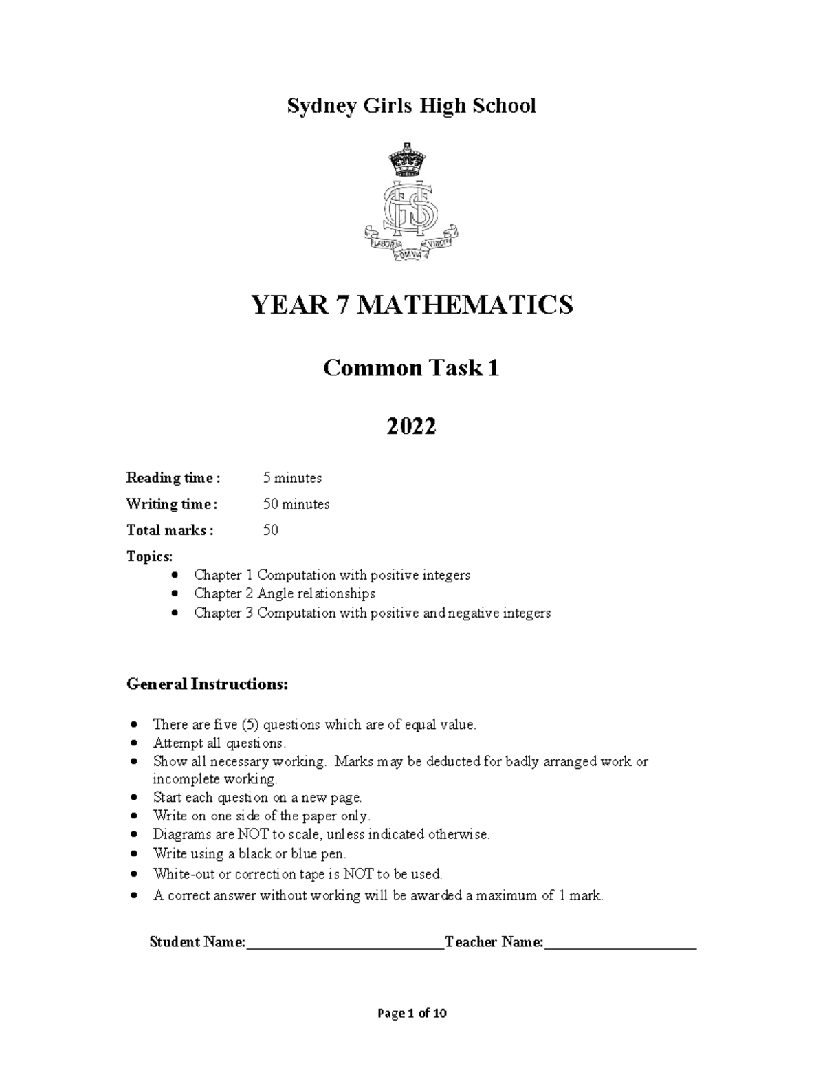 2022 SYDNEY GIRLS HIGH SCHOOL Year 7 Math Common Task 1 - Studocu