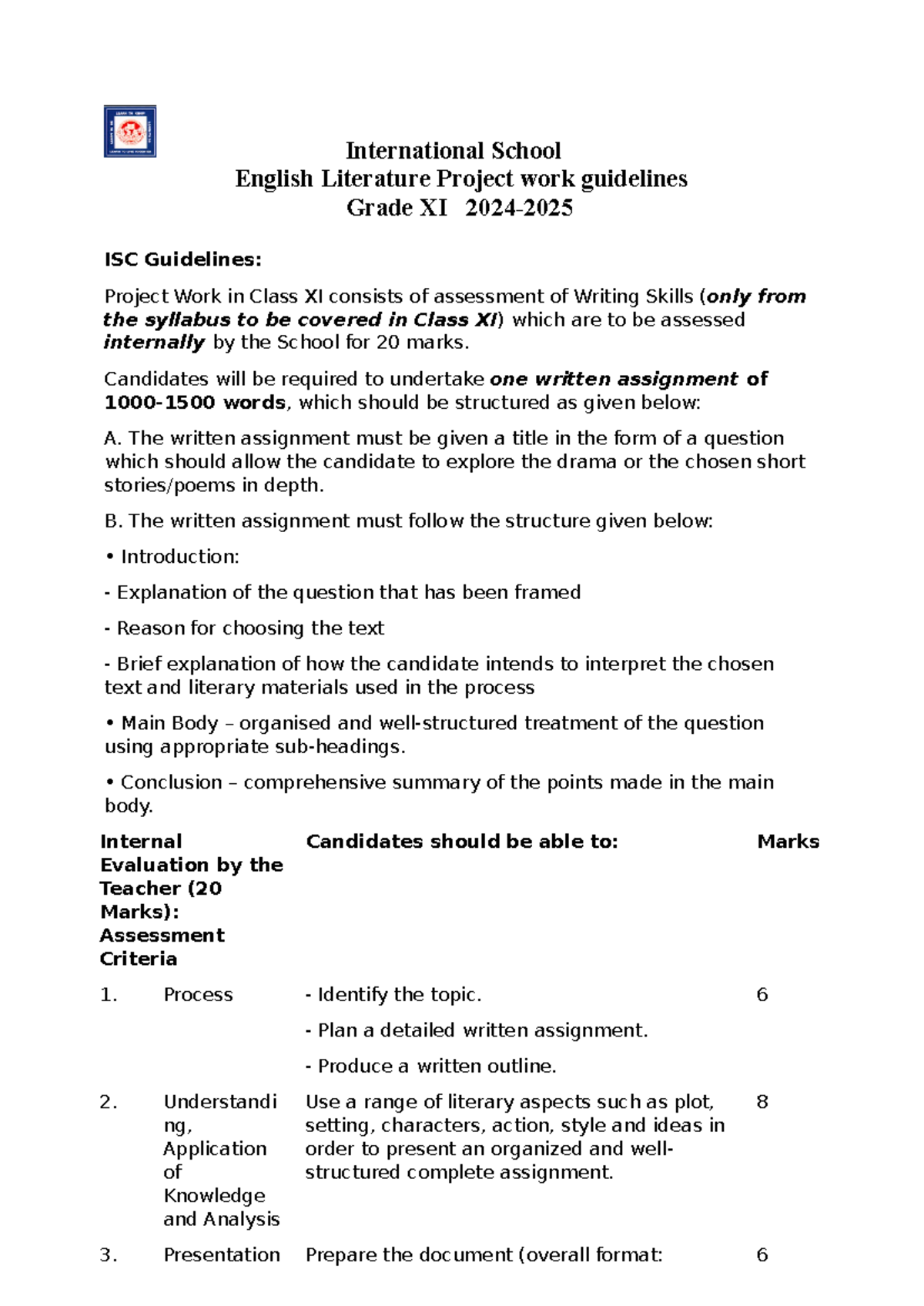 ISC-11-English Literature Project Work Guidelines for Grade XI - Studocu