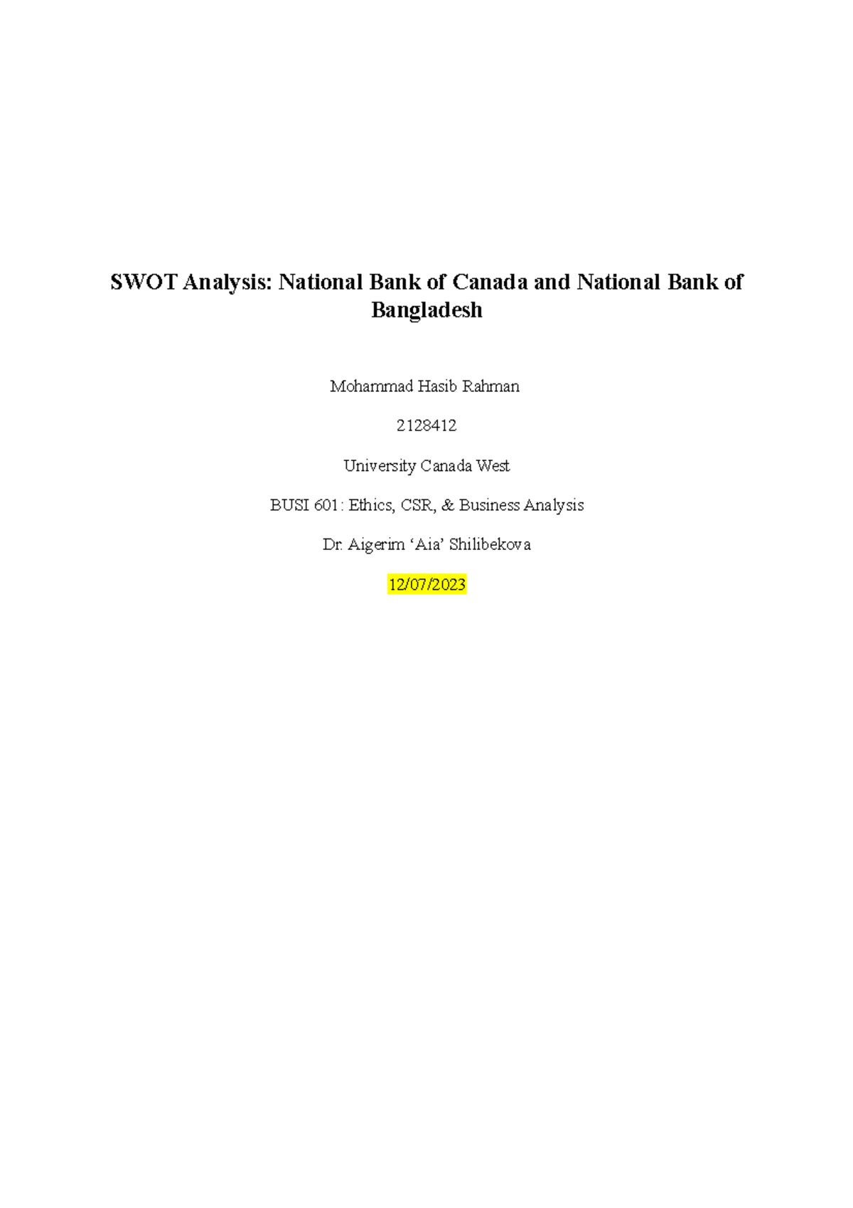 SWOT Analysis - Submission in the class - SWOT Analysis: National Bank ...