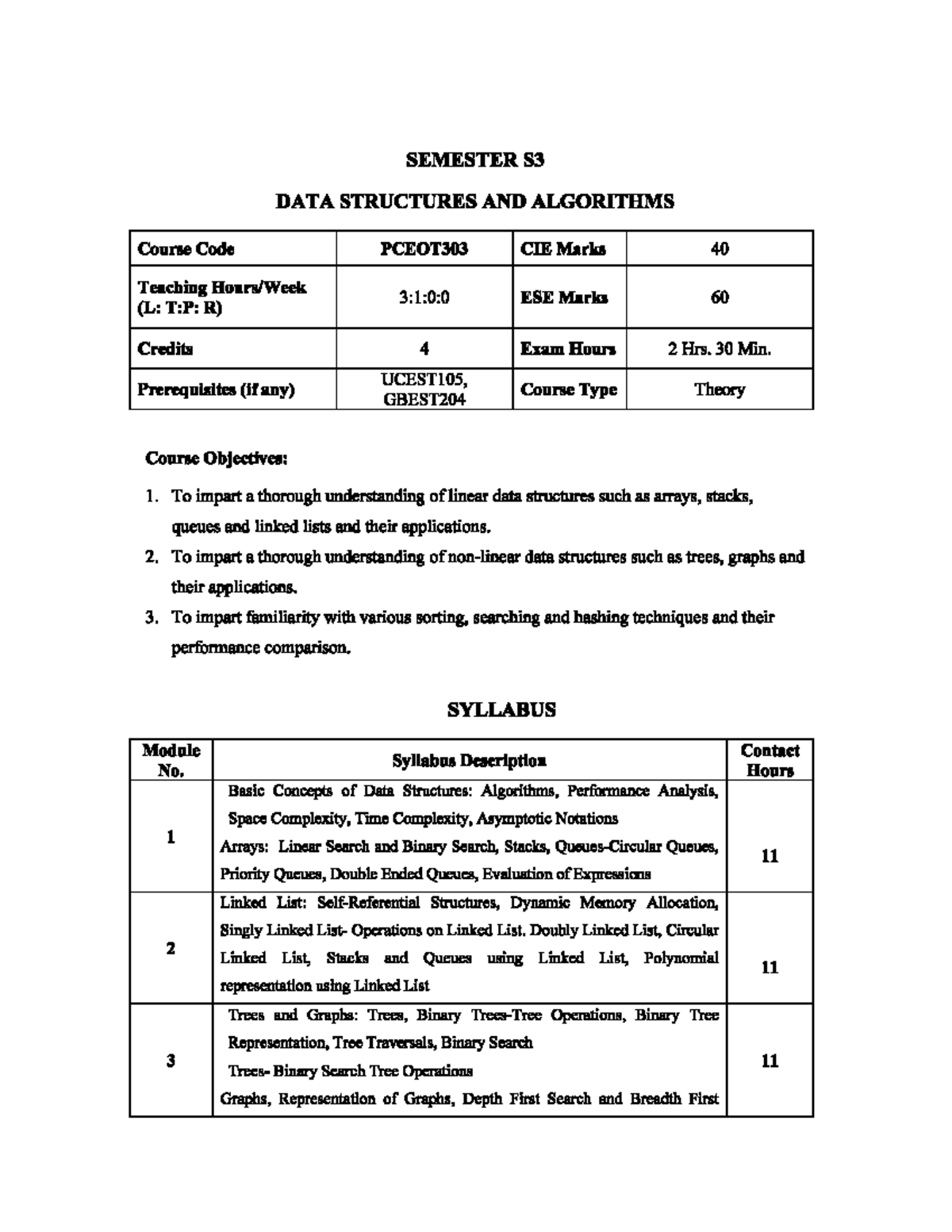 Syllabus for DSA (PCEOT303) - Semester 3 Data Structures & Algorithms - Studocu
