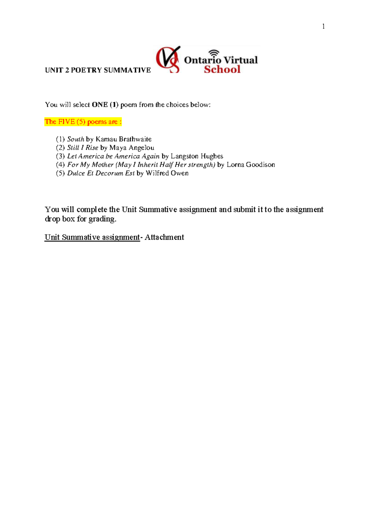 Unit 2 Poetry Summative Assignment: Analyzing Five Iconic Poems - Studocu