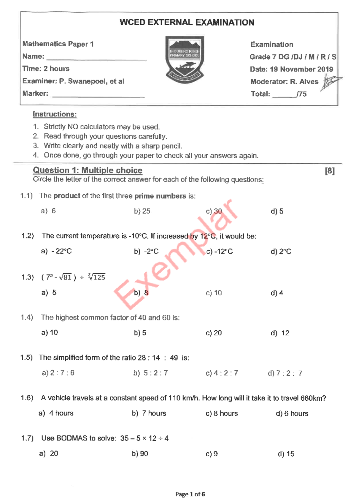 Grade 7 Mathematics Paper 1 November 2019 - WCED EXTERNAL EXAMINATION ...