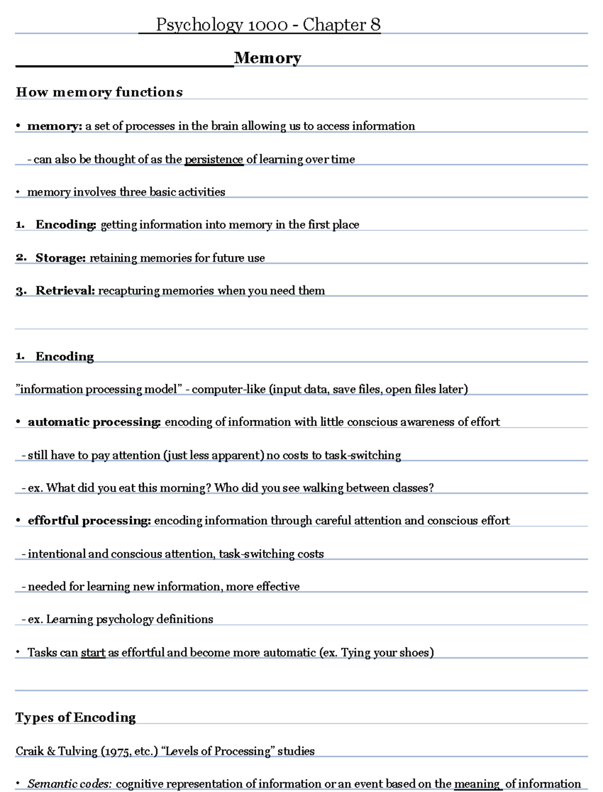 Psychology Chapter 8: Understanding Memory Processes and Functions ...