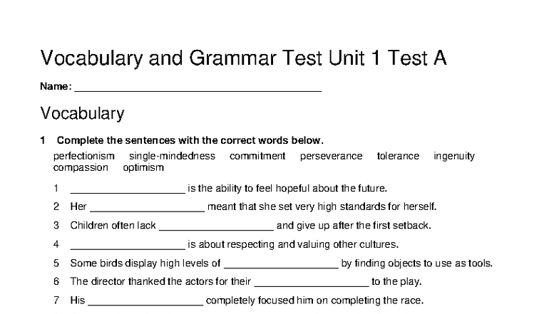 Vocabulary and Grammar Test Unit 1 - Test A - Studocu