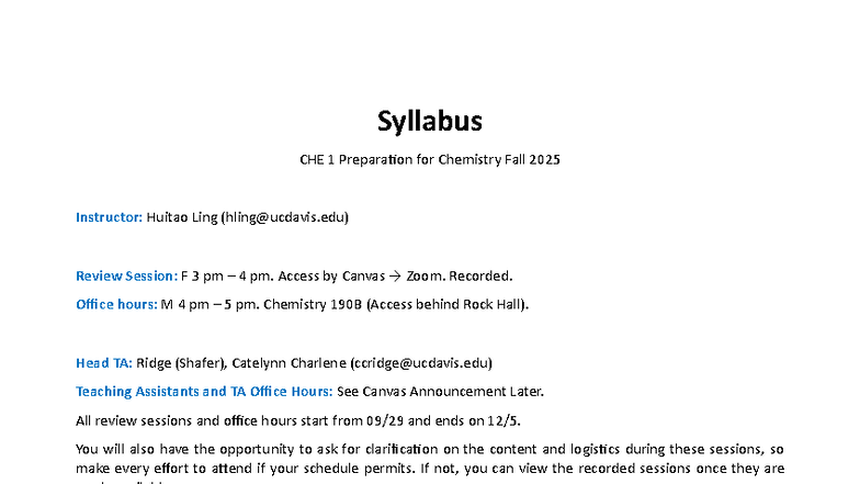 CHE 1 F25 Syllabus: Key Information & Resources for Success - Studocu