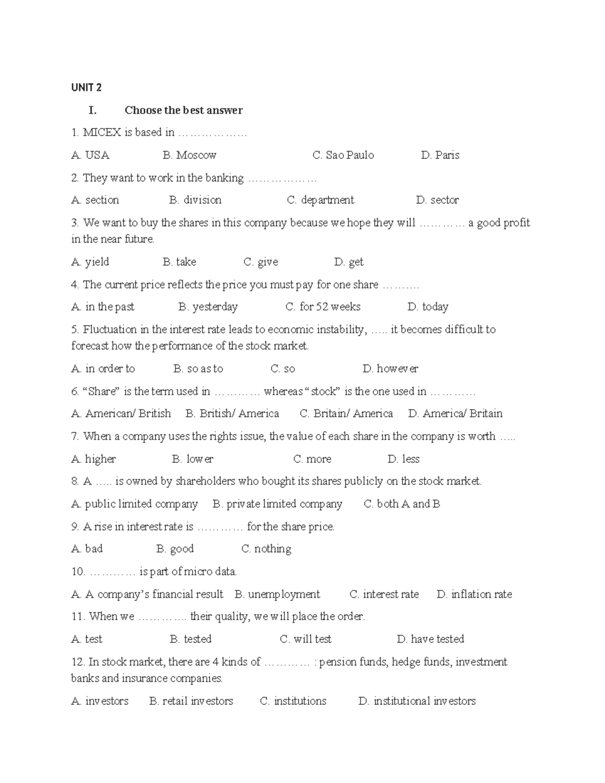 BT Unit 2: Multiple Choice & True/False Questions on Stocks and Shares ...
