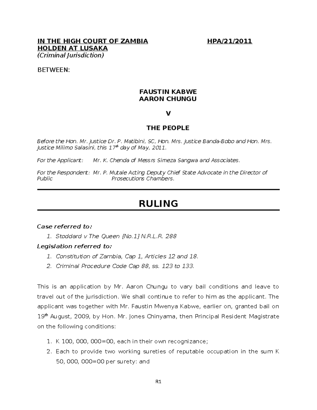 HPA/21: Ruling on Bail Variation Application by Aaron Chungu - Studocu