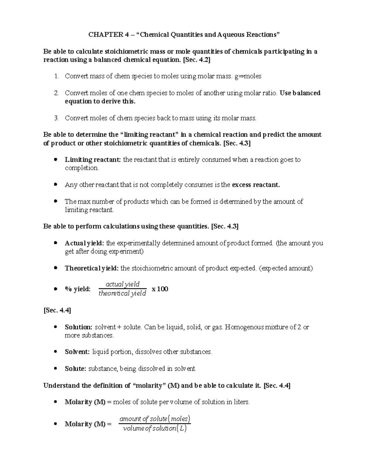 Chapter 4 Review - study guide - CHAPTER 4 – “Chemical Quantities and ...