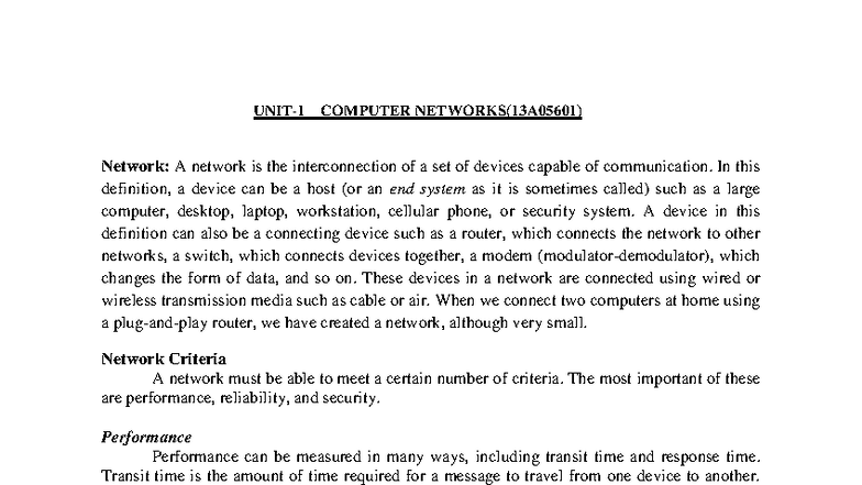 COMPUTER NETWORKS(13A05601) Unit 1: Overview and Key Concepts - Studocu