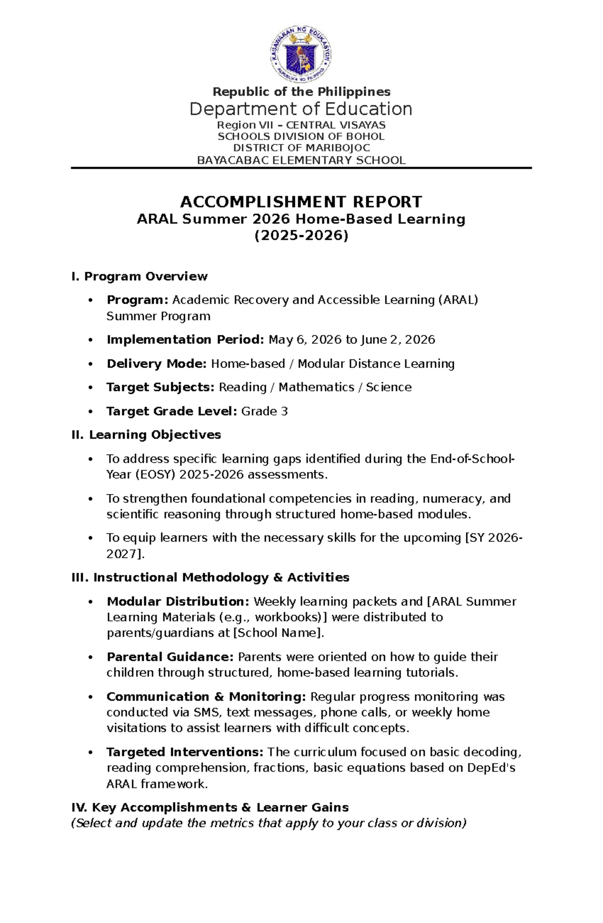 ARAL Summer 2026 Accomplishment Report for Grade 3 Learning - Studocu