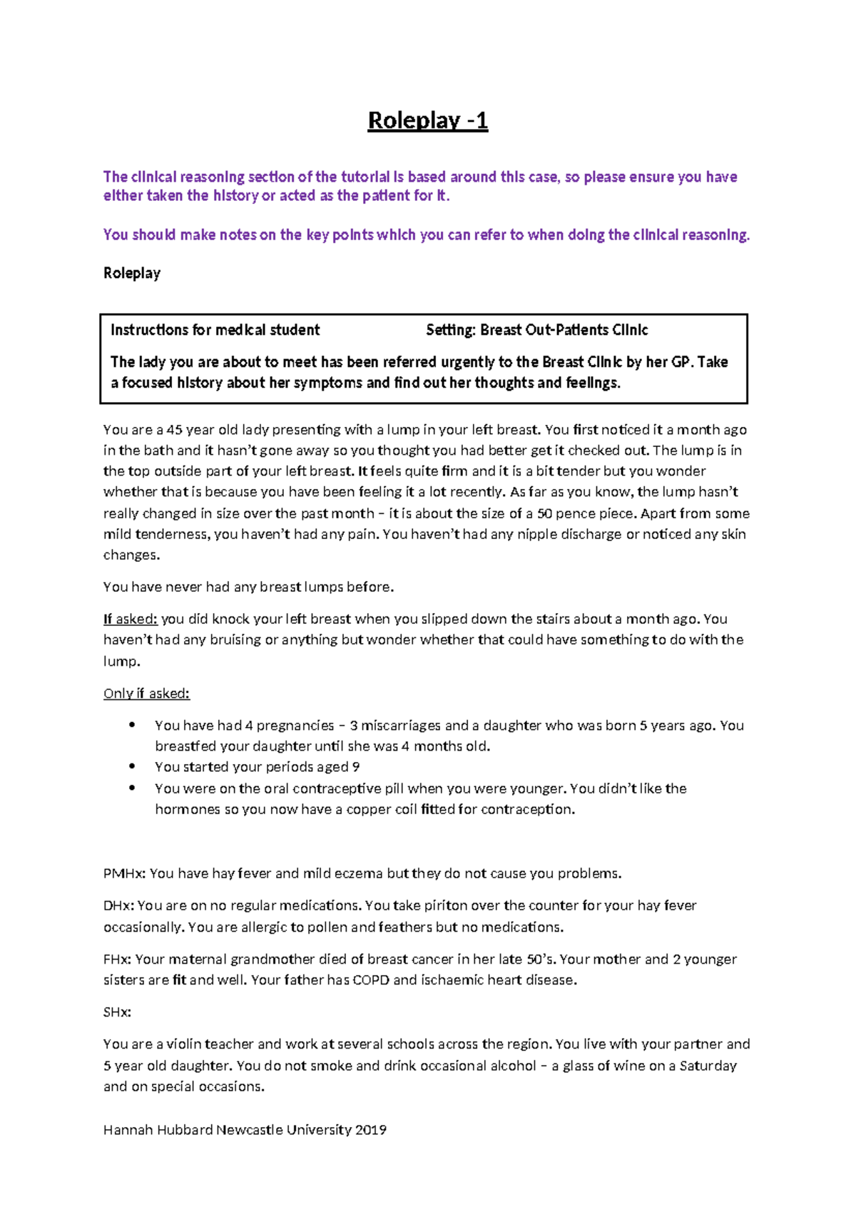 Roleplay: Breast History Case Study for Integration (NU 2019) - Studocu