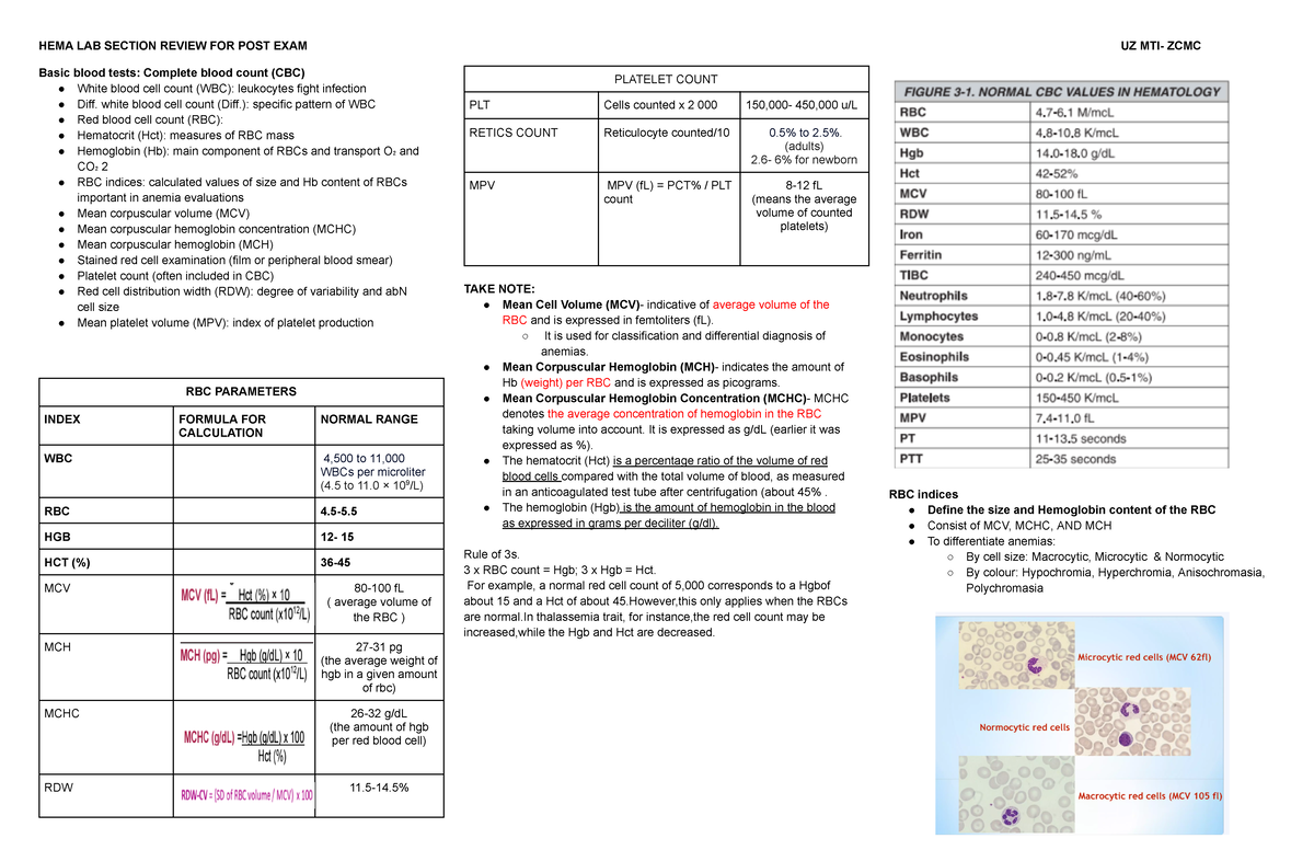HEMA LAB SECTION REVIEW FOR POST EXAM UZ MTI- ZCMC - Basic blood tests ...