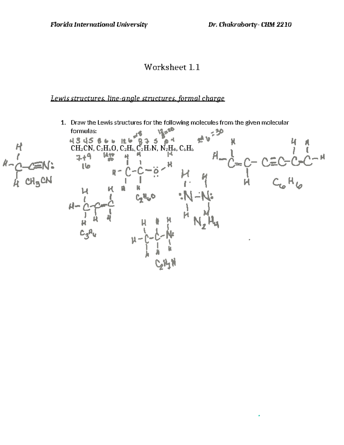 Worksheet-1 - Lecture notes - Worksheet 1. Lewis structures, line-angle ...