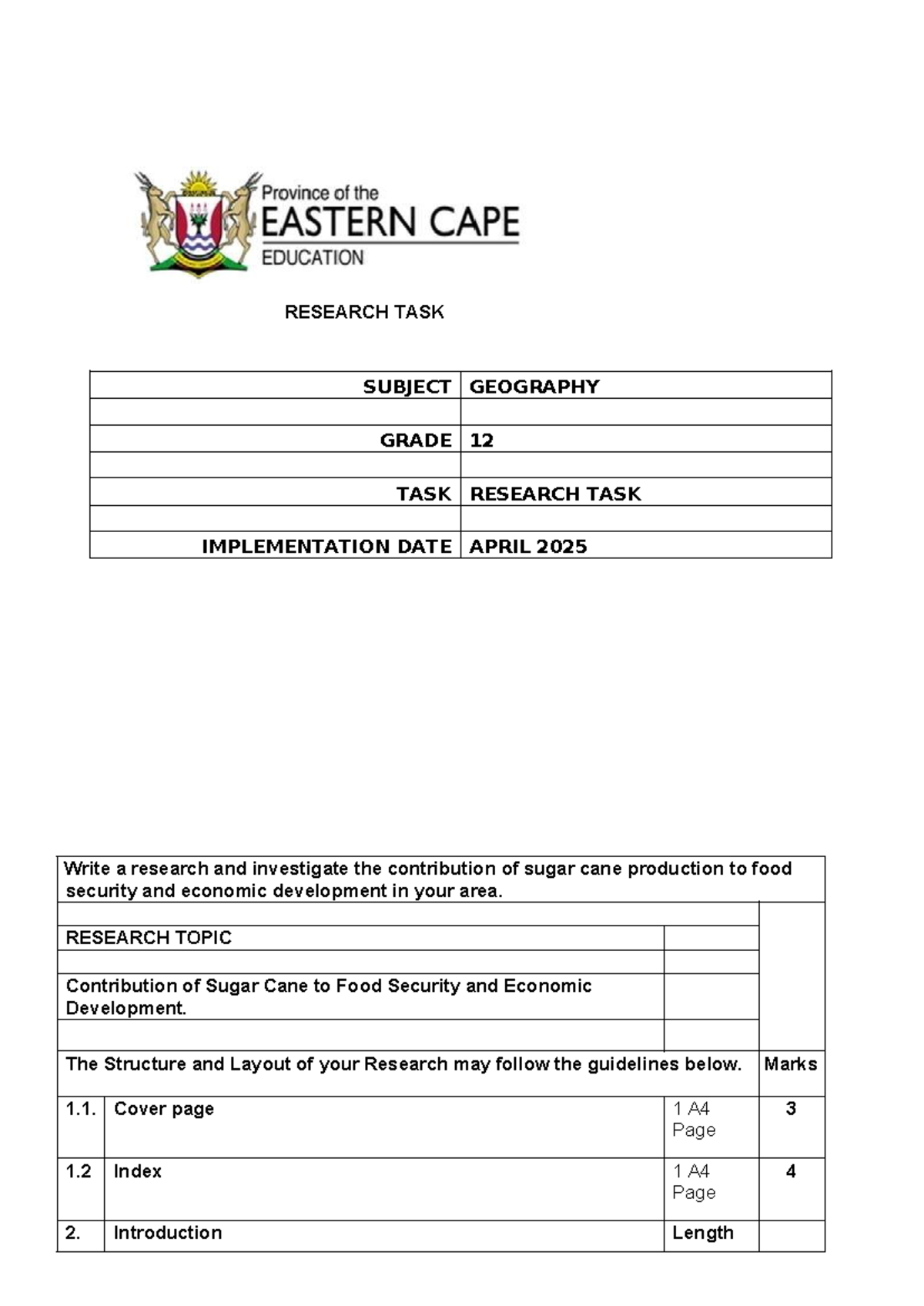 Gr12 Geography Research Task 2025: Sugar Cane's Role in Food Security ...