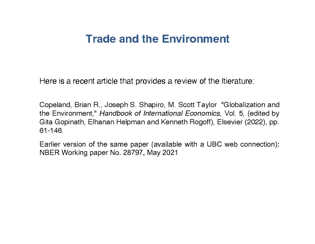 Trade and the Environment: Impacts and Policies (ECO 355) - Studocu