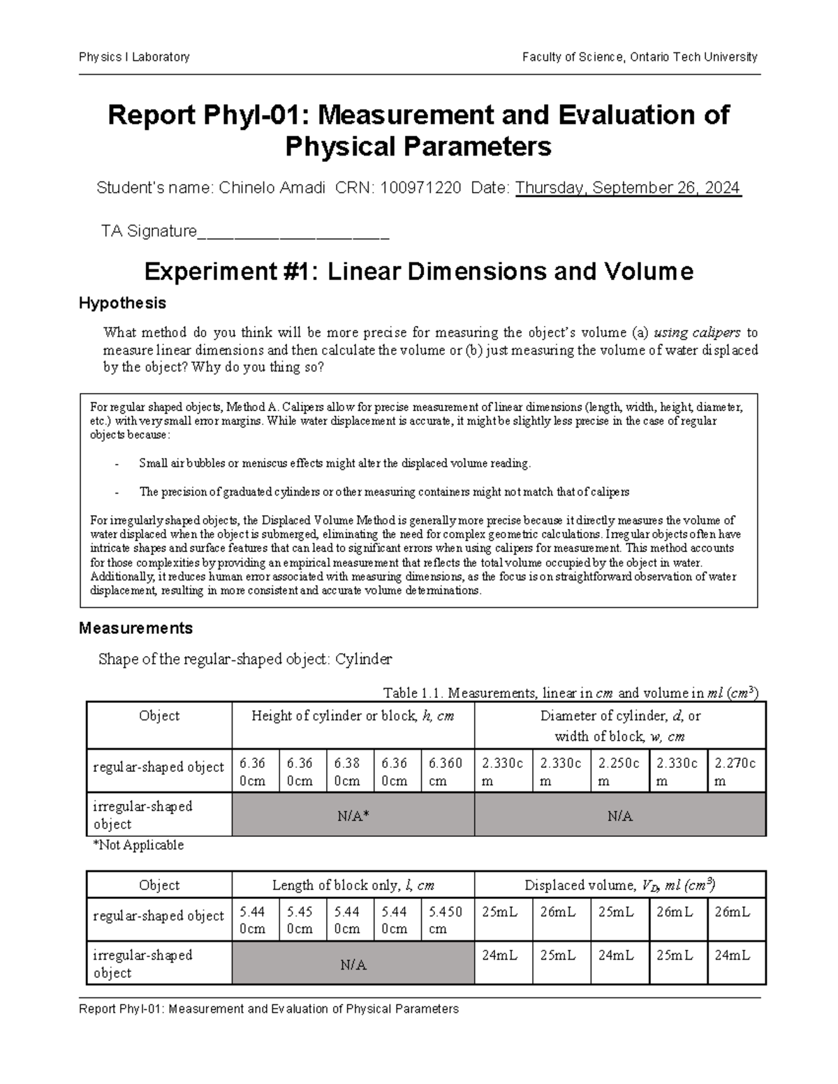 Lab 1 Physics - lab 1 instructions - Report PhyI-01: Measurement and ...