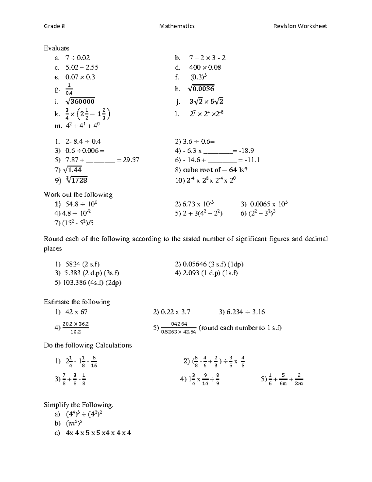 Grade 8 Mathematics Midterm Revision Worksheet 2019 - Studocu