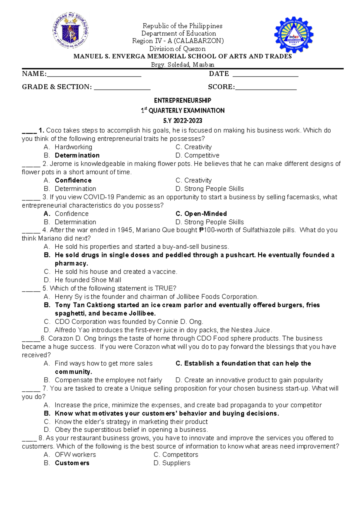 ENTREP 1ST QTR EXAM Key with Sample Questions and Answers - Studocu