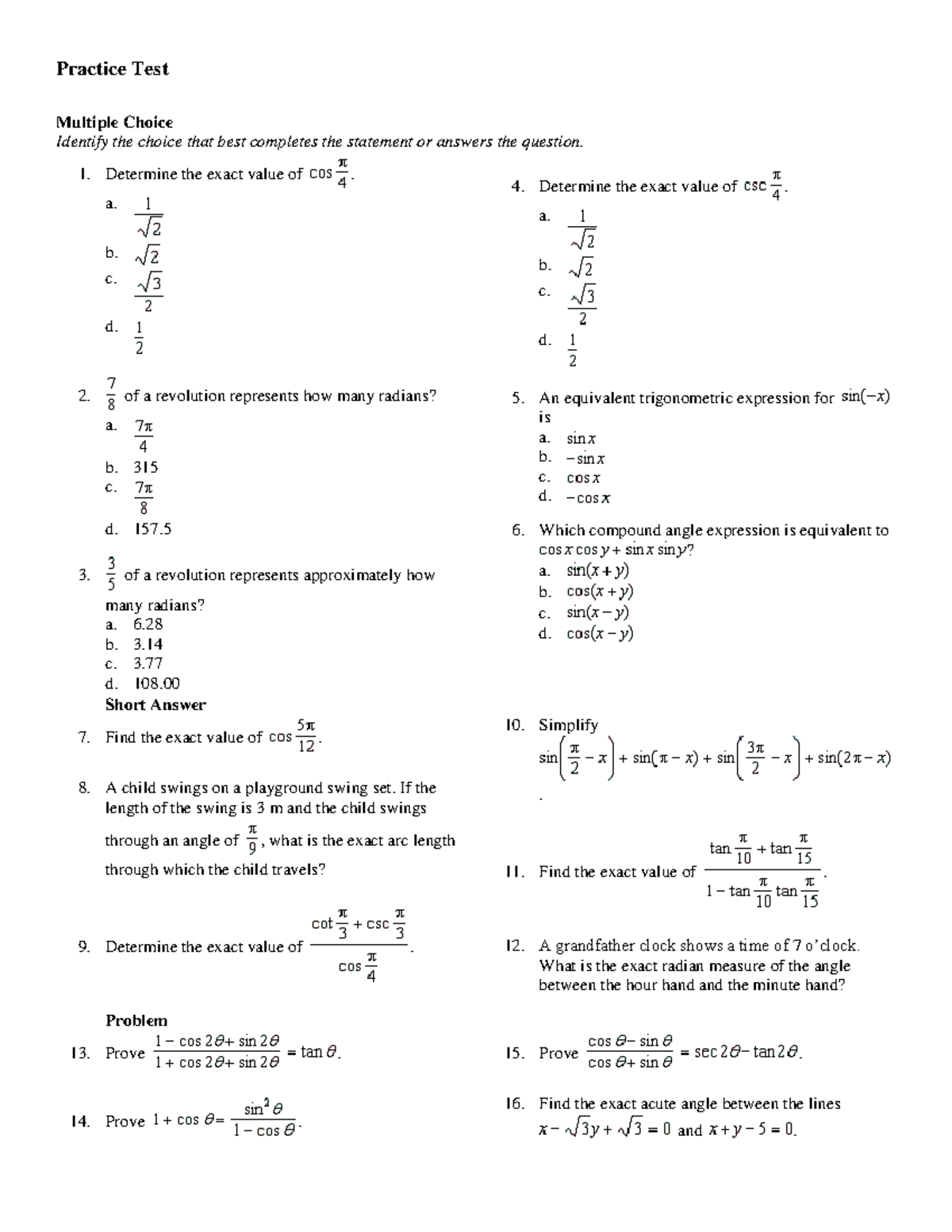 MHF4U Unit 4 Trigonometric Functions Practice Test Questions - Studocu
