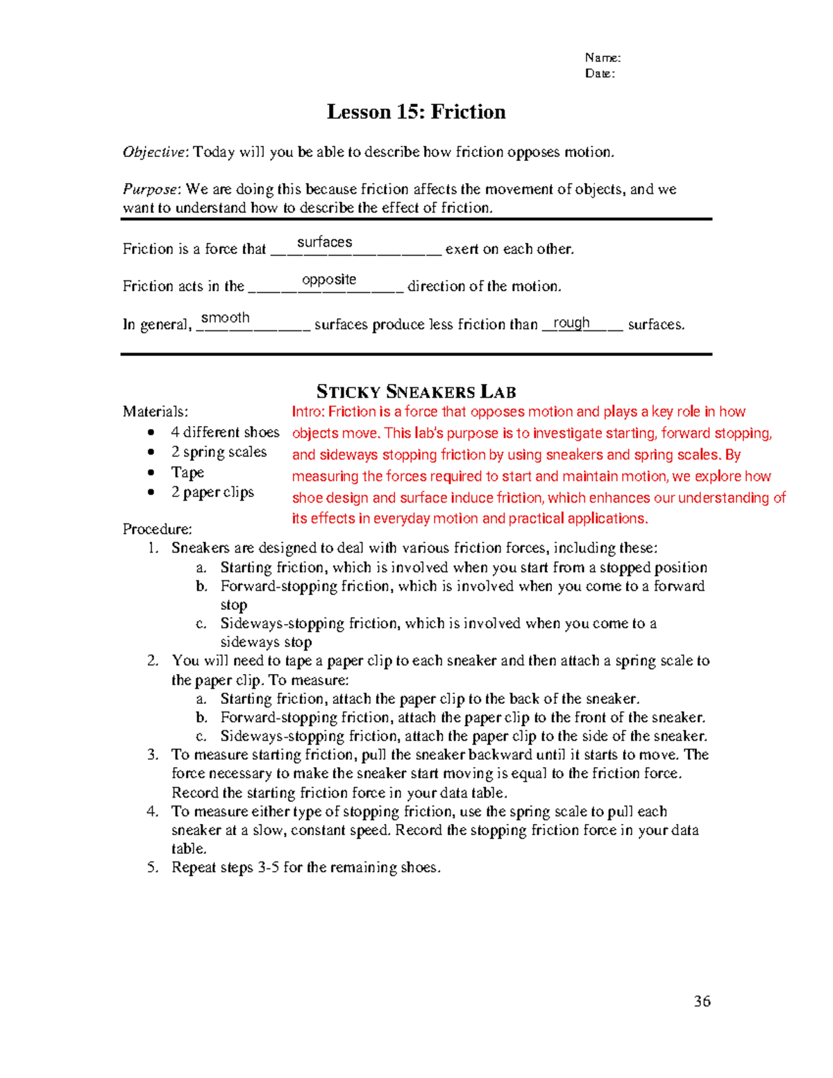 Lesson 15: Friction Vocabulary and Analysis Lab (Science 101) - Studocu
