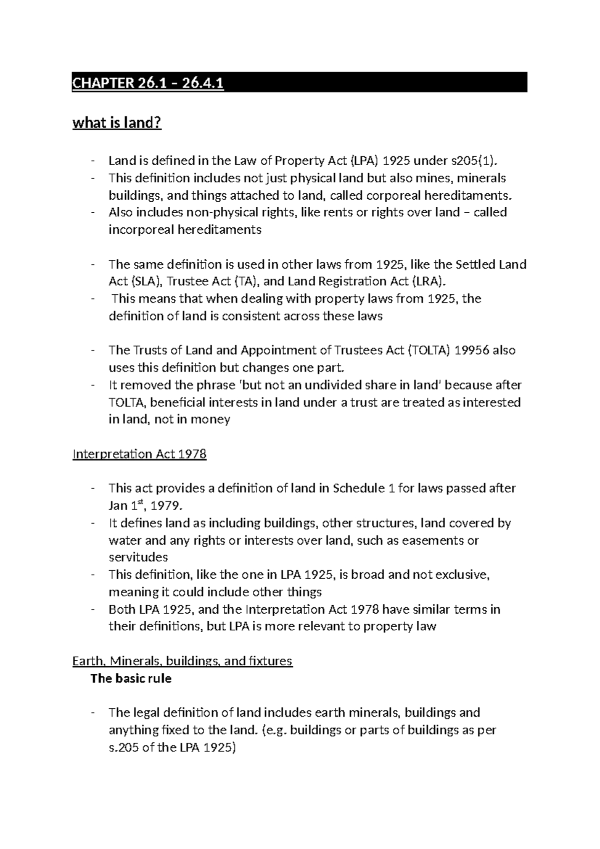 Land + tenure - lecture notes - CHAPTER 26 – 26. what is land? Land is ...