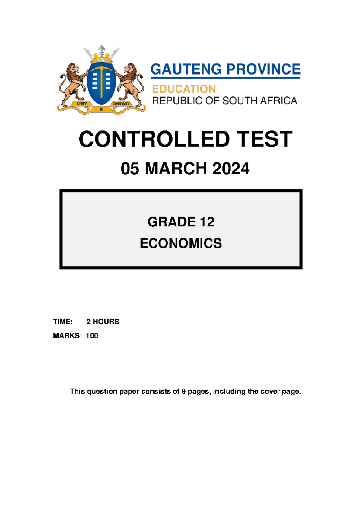Grade 12 Economics Controlled Test 1 - Term 1 - 2024 - Studocu