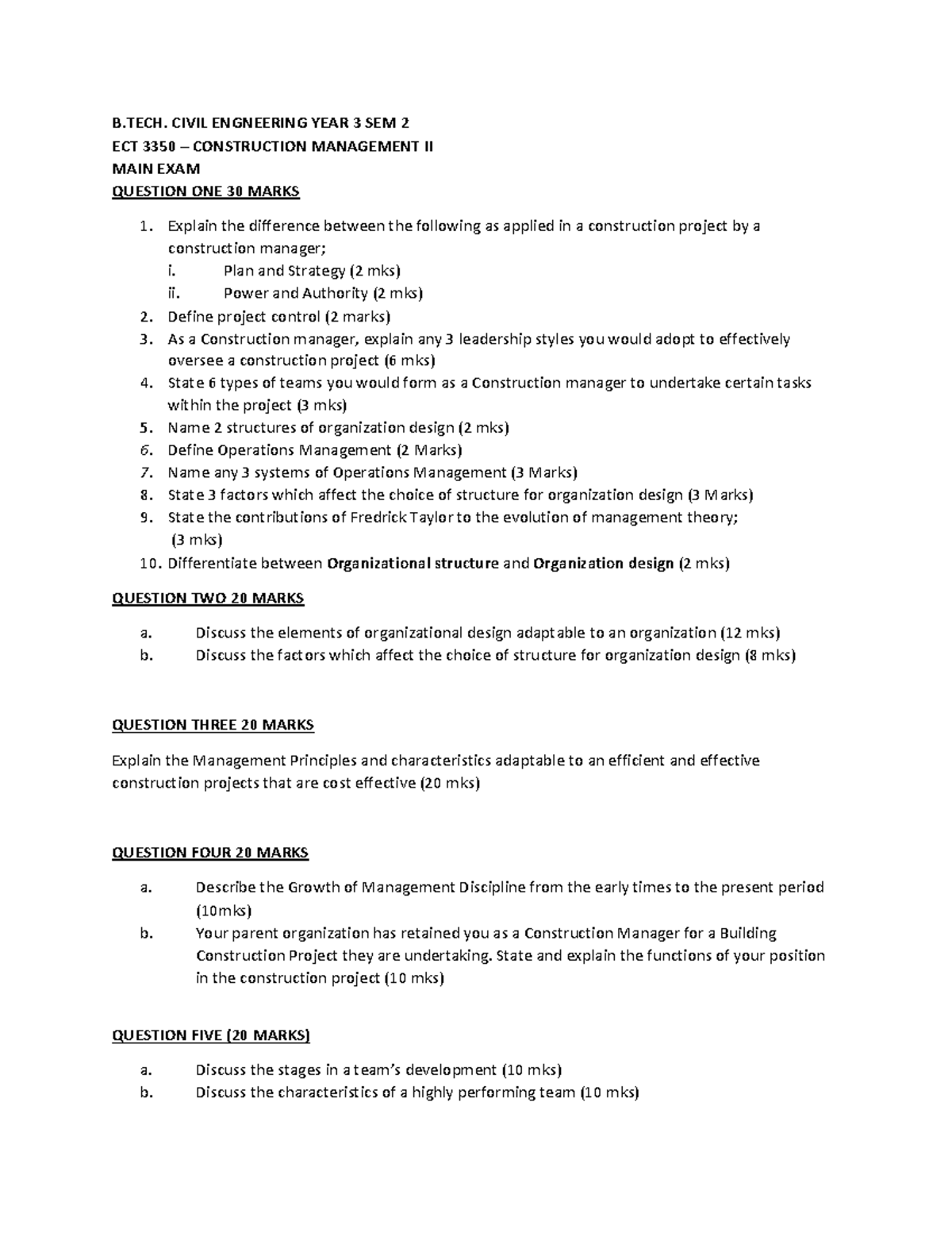 ECT 3350 - Construction Management II Main Exam Questions and ...