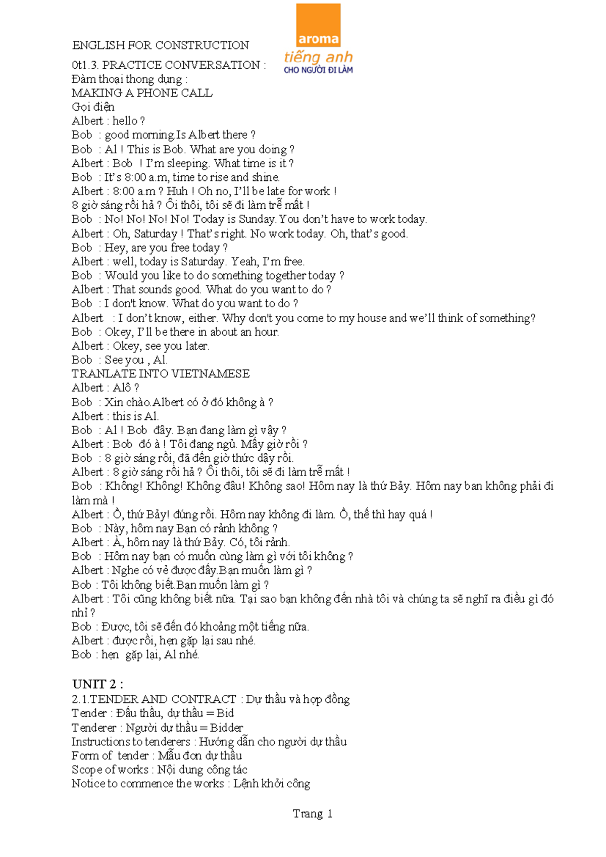 ENGLISH FOR CONSTRUCTION: CONVERSATIONS AND VOCABULARY - Studocu