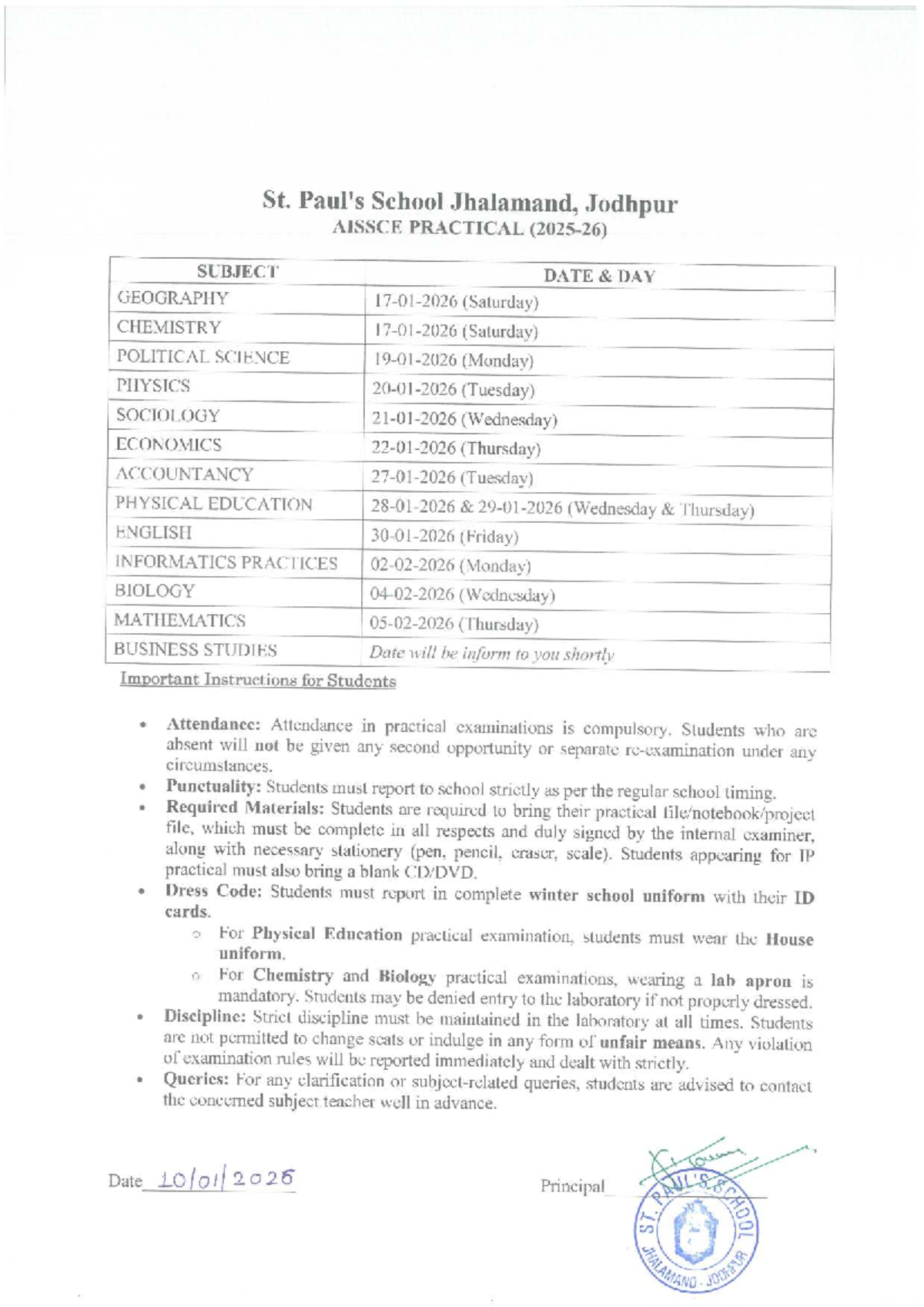 CBSE AISSCE Practical Exam Schedule & Instructions - Studocu