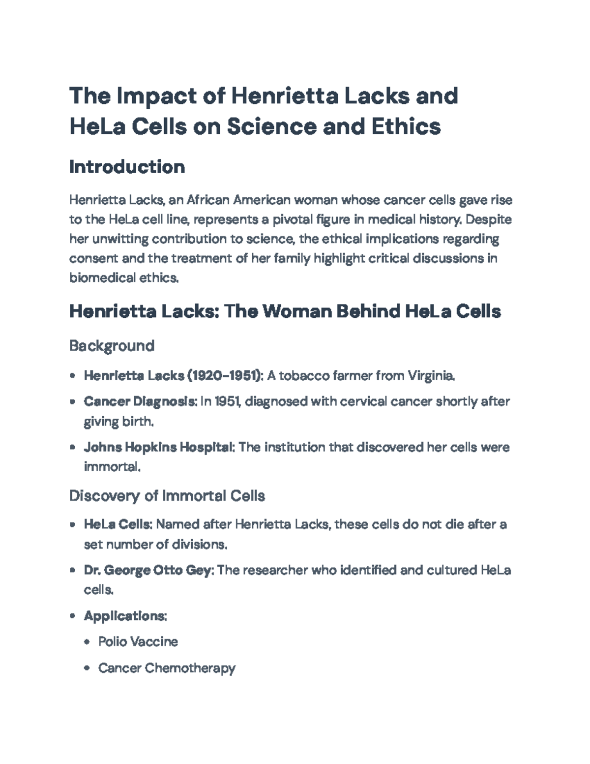 The Impact of HeLa Cells on Science & Ethics (BIO 201 Lecture Notes ...