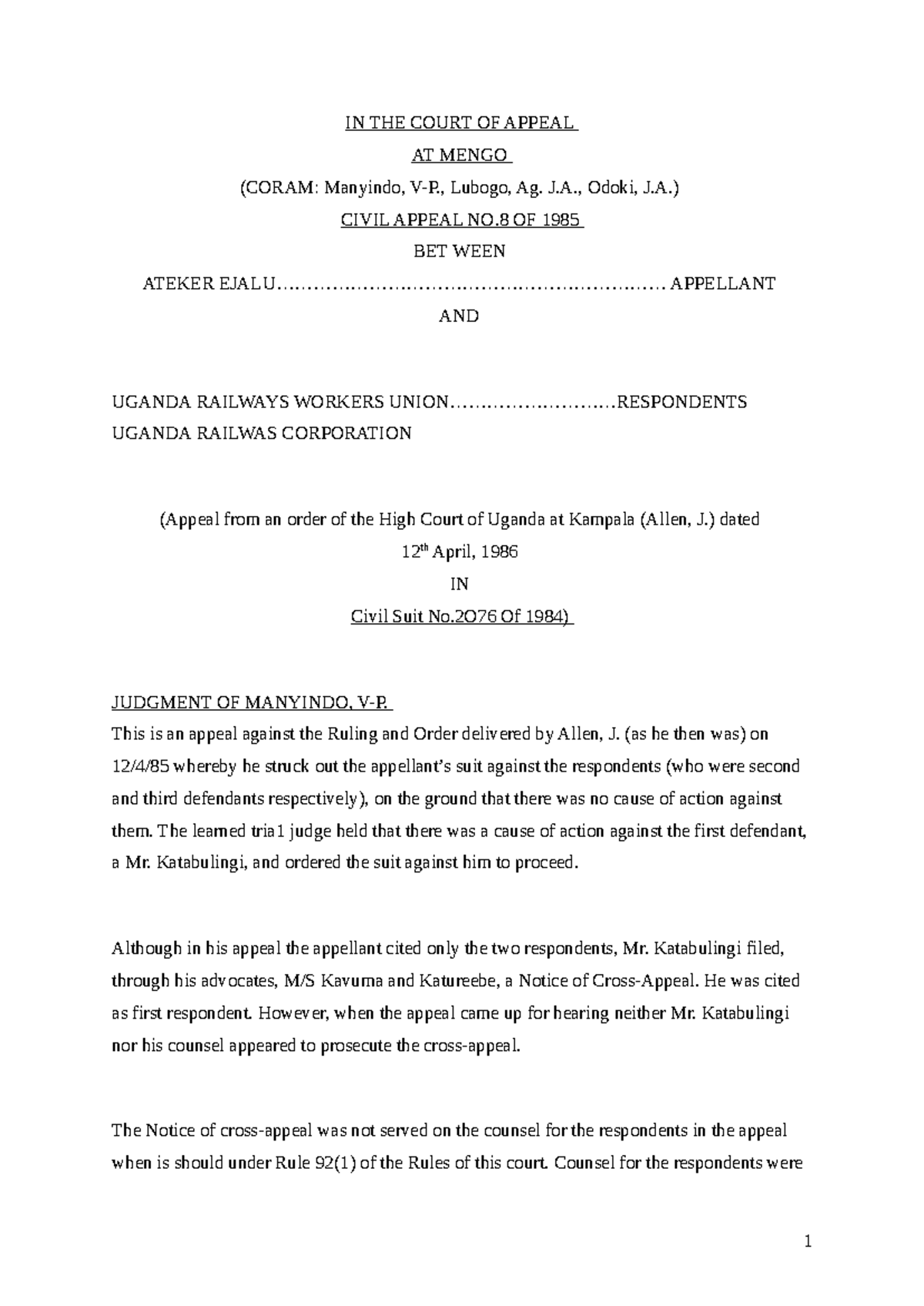 Ateker Ejal v Uganda Railways Workers Union: Court of Appeal Ruling (1986) - Studocu