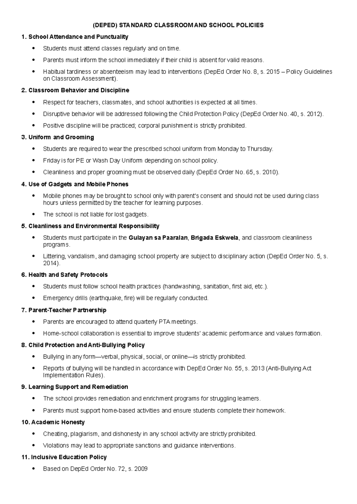 (DEPED) Comprehensive School and Classroom Policies Overview - Studocu