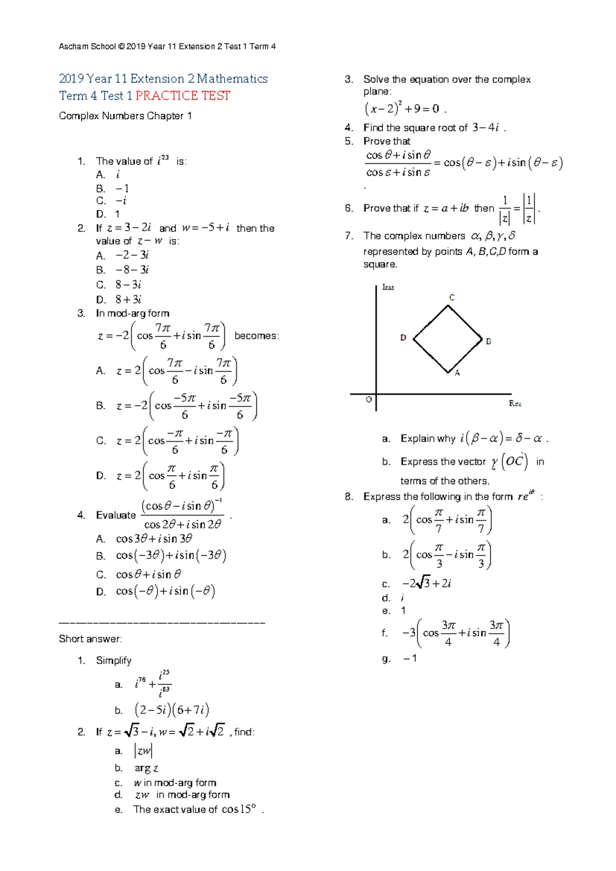 Yr 12 Ext 2 Maths Test 1 Term 4 2022: Complex Numbers Exam - Studocu