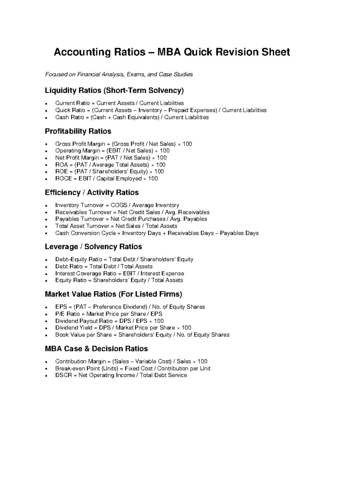 MBA Accounting Ratios Quick Revision Sheet for Financial Analysis - Studocu