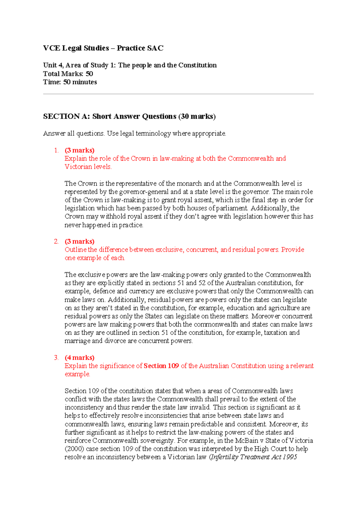 Unit 4 AOS 1 Legal Studies Practice SAC: The Crown, Powers & Parliament ...
