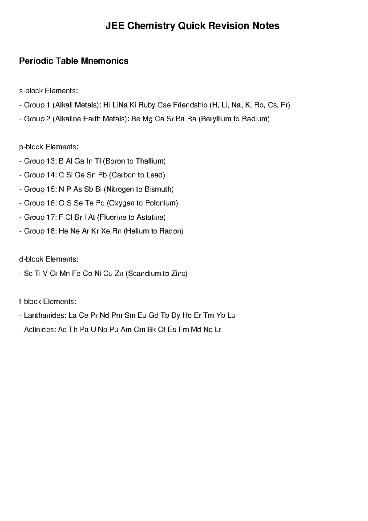 JEE Chemistry Quick Revision: Periodic Table & Bonding Summary - Studocu