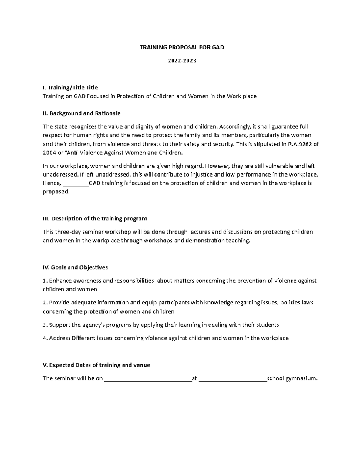 GAD Training Proposal: Protecting Women and Children in the Workplace ...