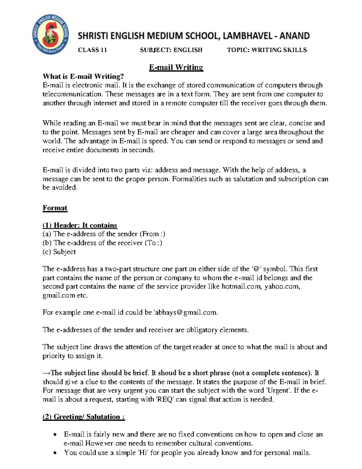 CLASS 11 ENGLISH: Email Writing Skills Notes - Studocu