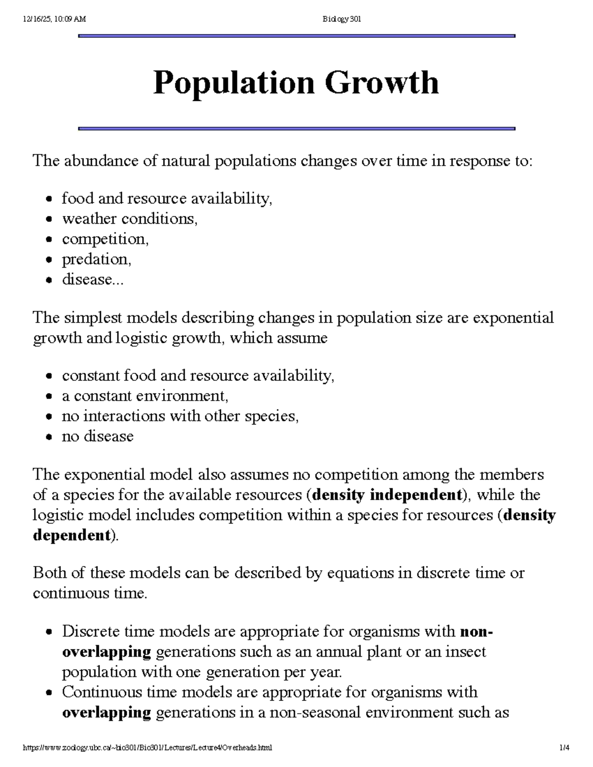 Biology 301: Introduction to Population Growth Models - Studocu