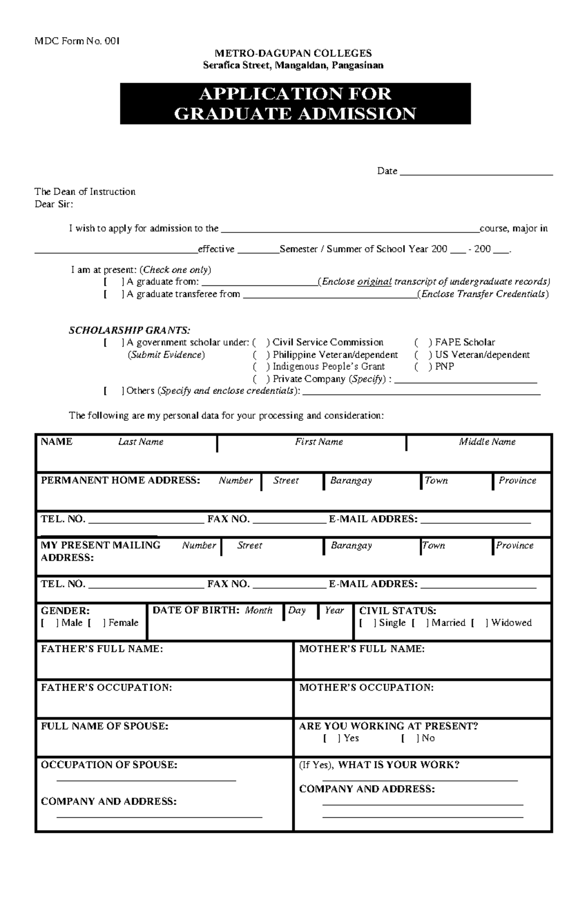 MDC Form No. 001: Application for Graduate Admission - Studocu