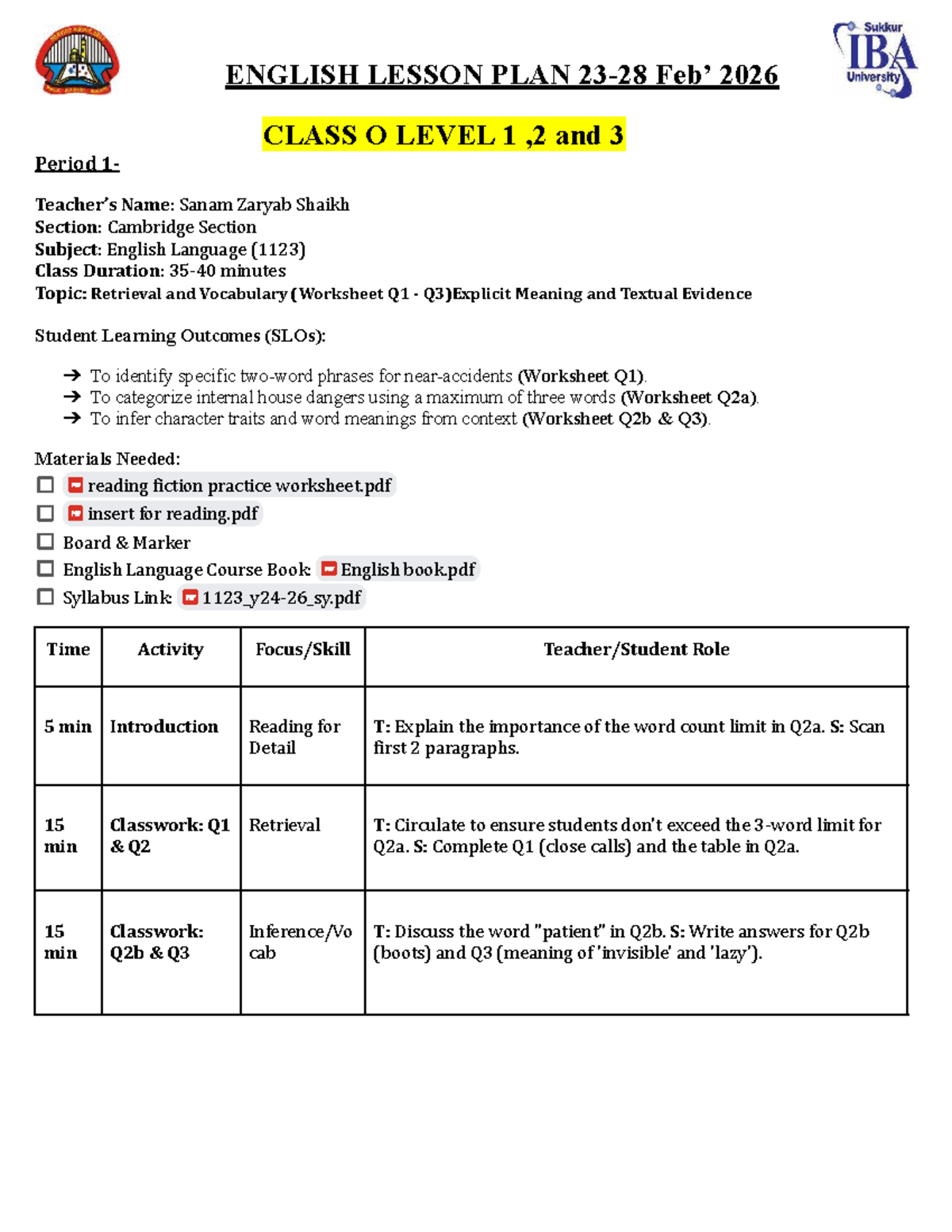 ENGLISH LESSON PLAN 2026: O LEVEL 1, 2 & 3 - Retrieval, Literary ...