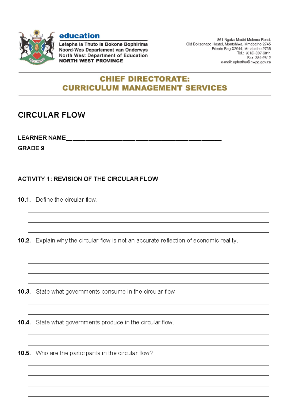 Grade 9 Circular Flow Model Revision and Activities Guide - Studocu