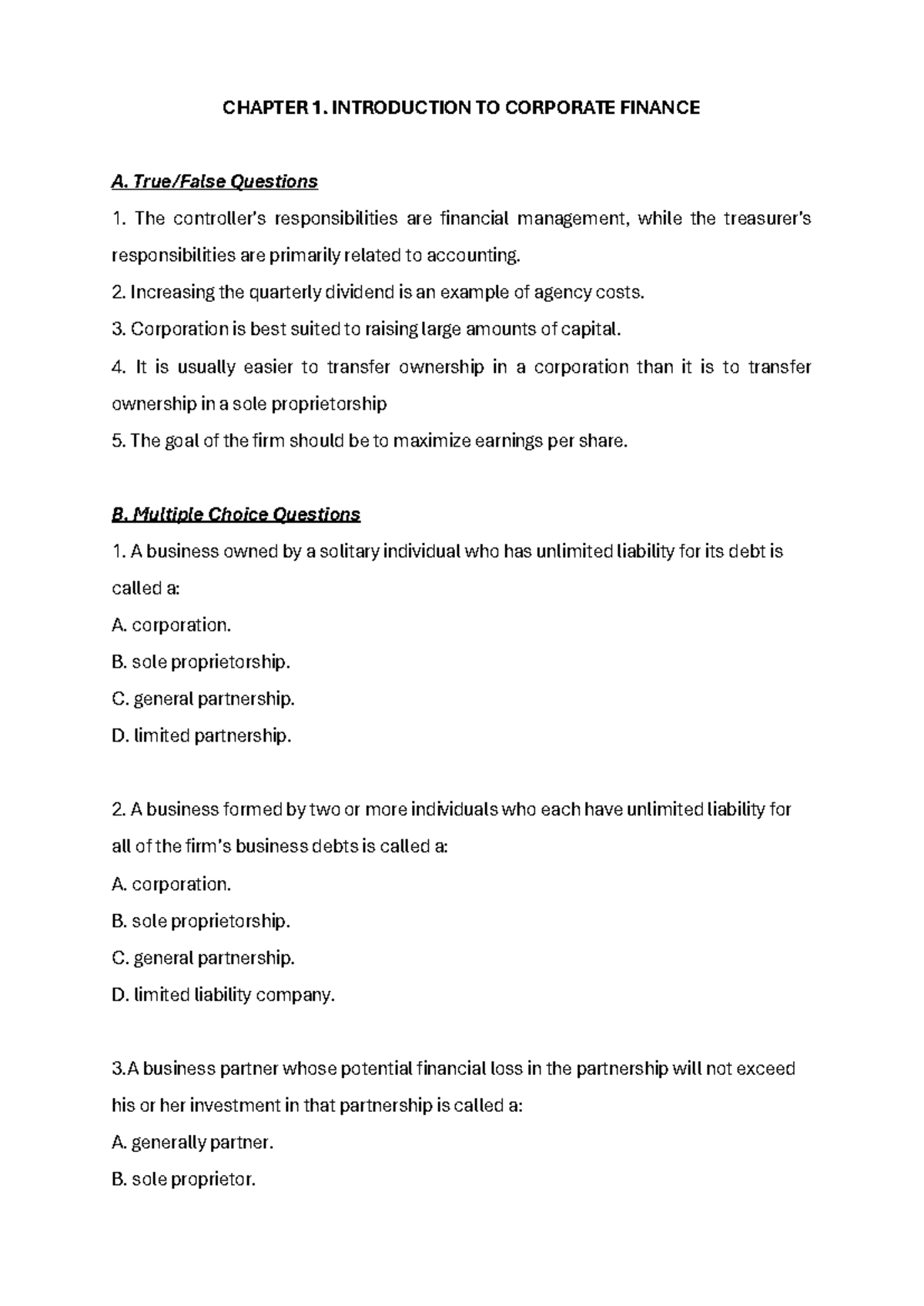 CHAPTER 1: INTRODUCTION TO CORPORATE FINANCE - Key Concepts & Questions ...