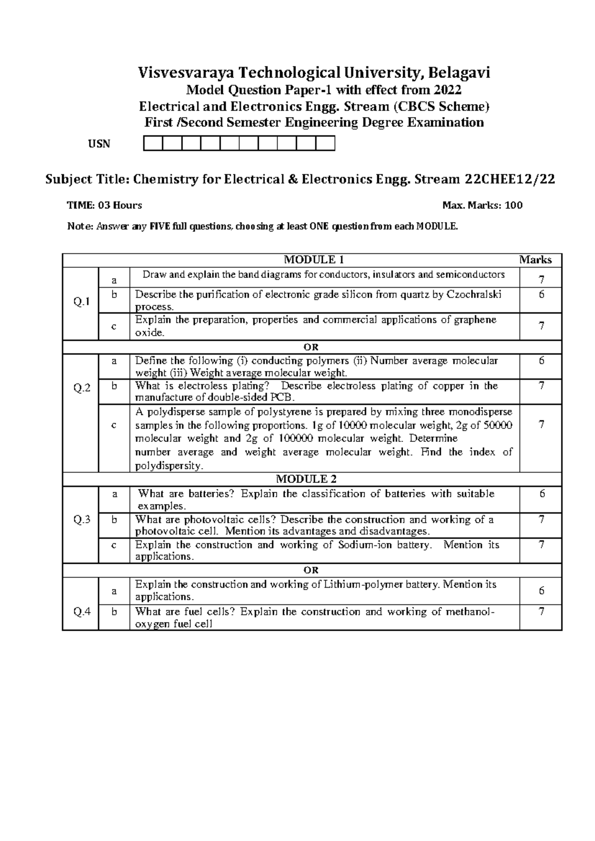 Model Question Paper: Chemistry for EEE (1st Sem) - VTU 2022 - Studocu