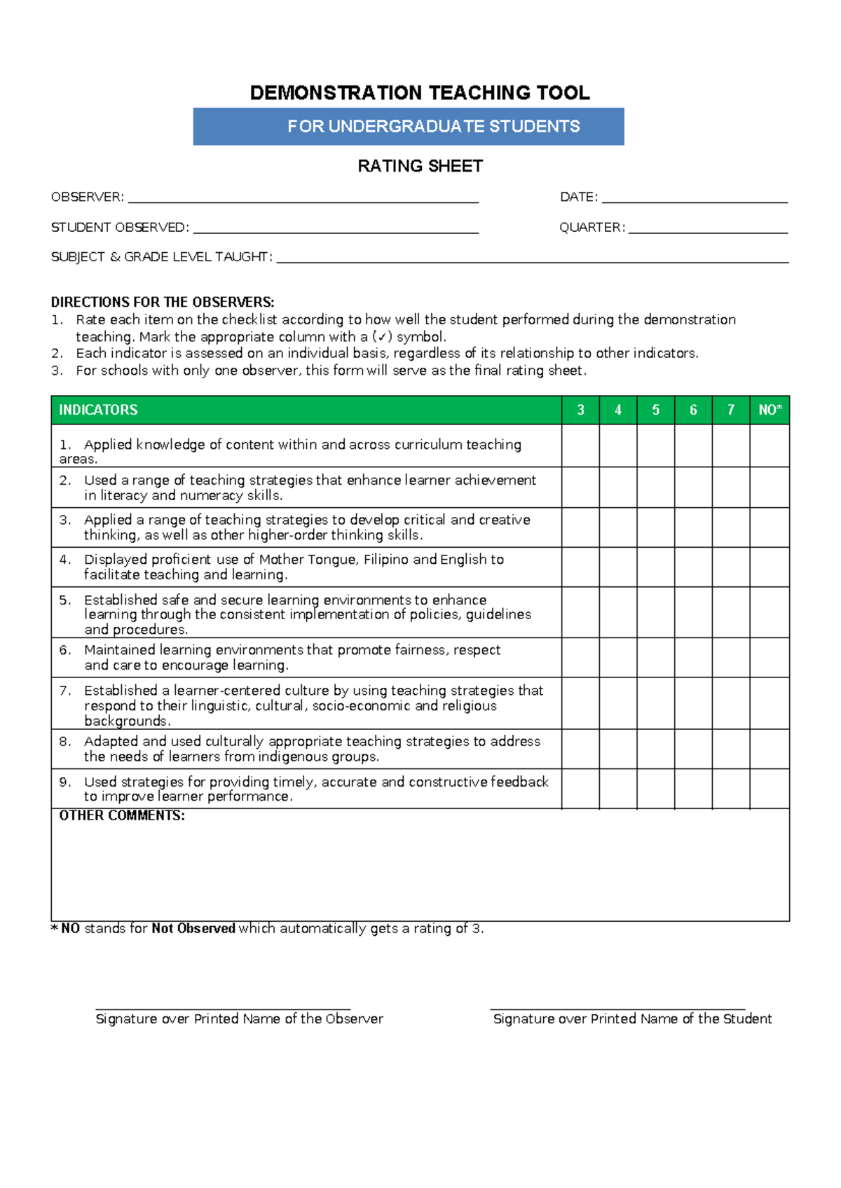 Demonstration Teaching Rating Sheet for Undergrad Students: Evaluation ...