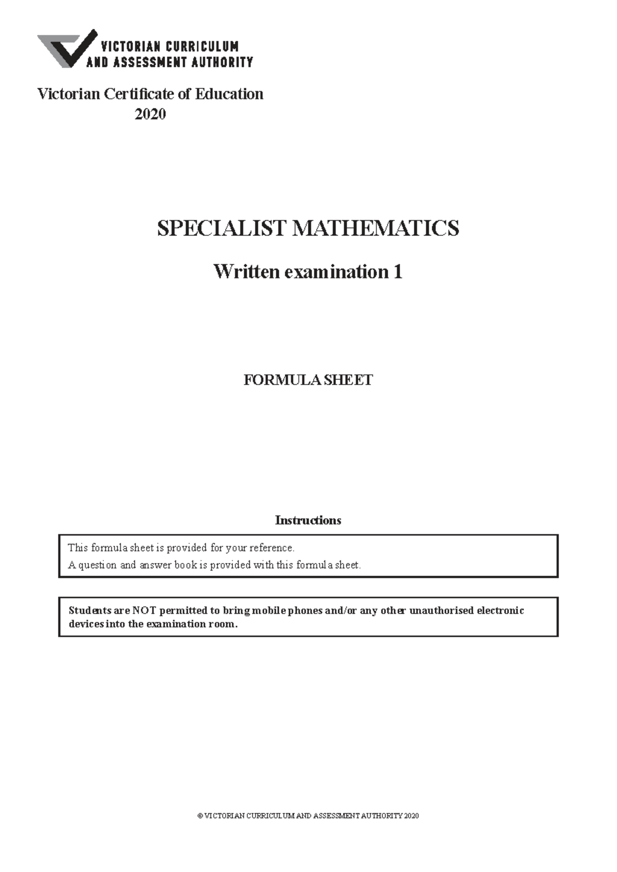 2020 VCE Specialist Mathematics Exam 1 Formula Sheet - Studocu