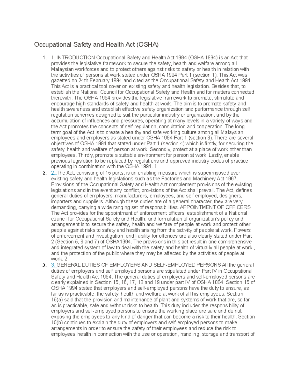 OSHA 1994 - Comprehensive Study Notes on Safety Regulations - Studocu