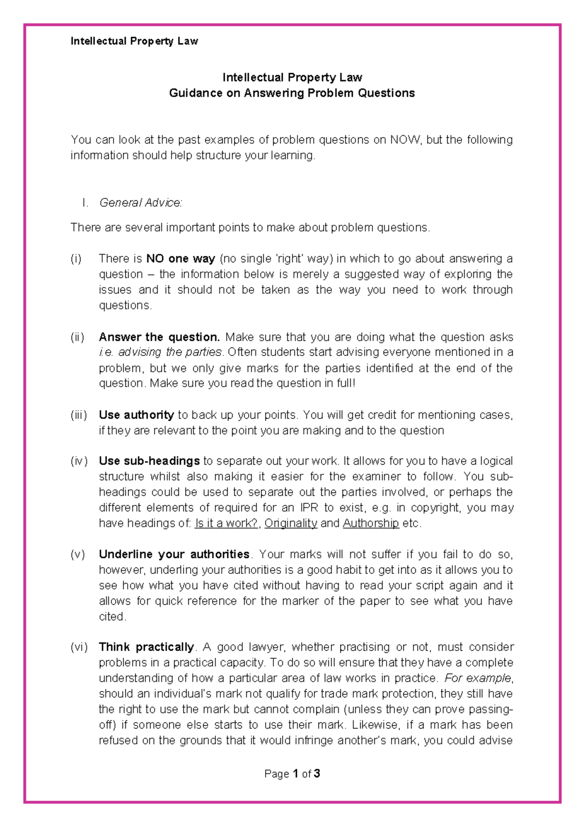 Intellectual Property Law (IPR) Guidance on Problem Questions - Studocu