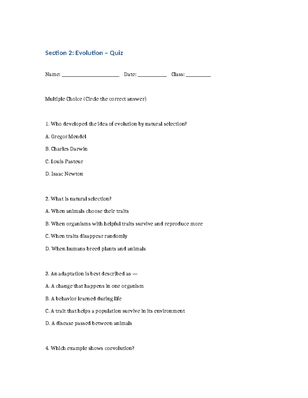 Section 2: Evolution Quiz (Multiple Choice & True/False) - Studocu